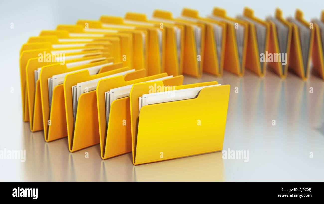 Yellow folders arranged in circle isolated on white background. 3D ...