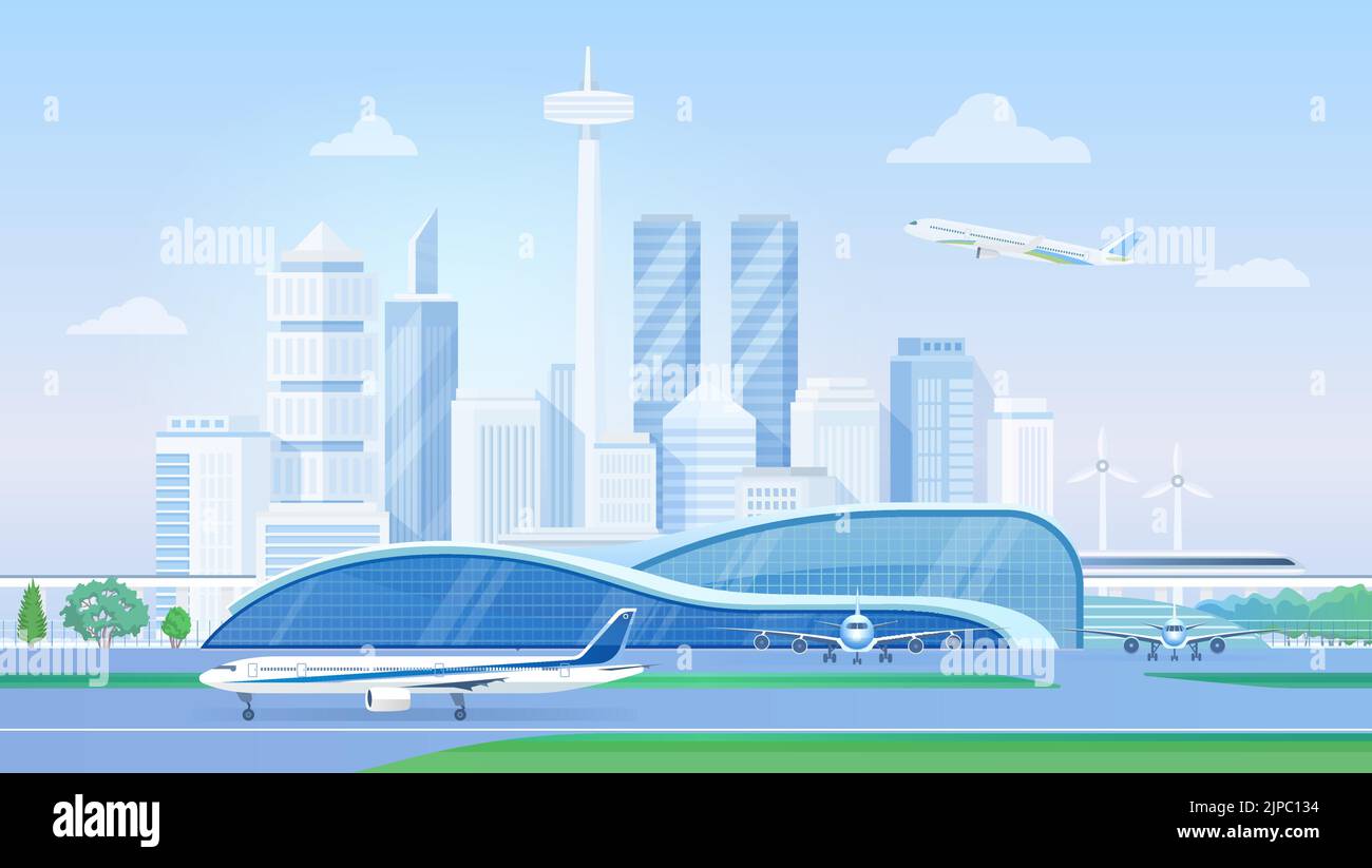 Cartoon urban panorama cityscape with airlines architecture, aircrafts ...