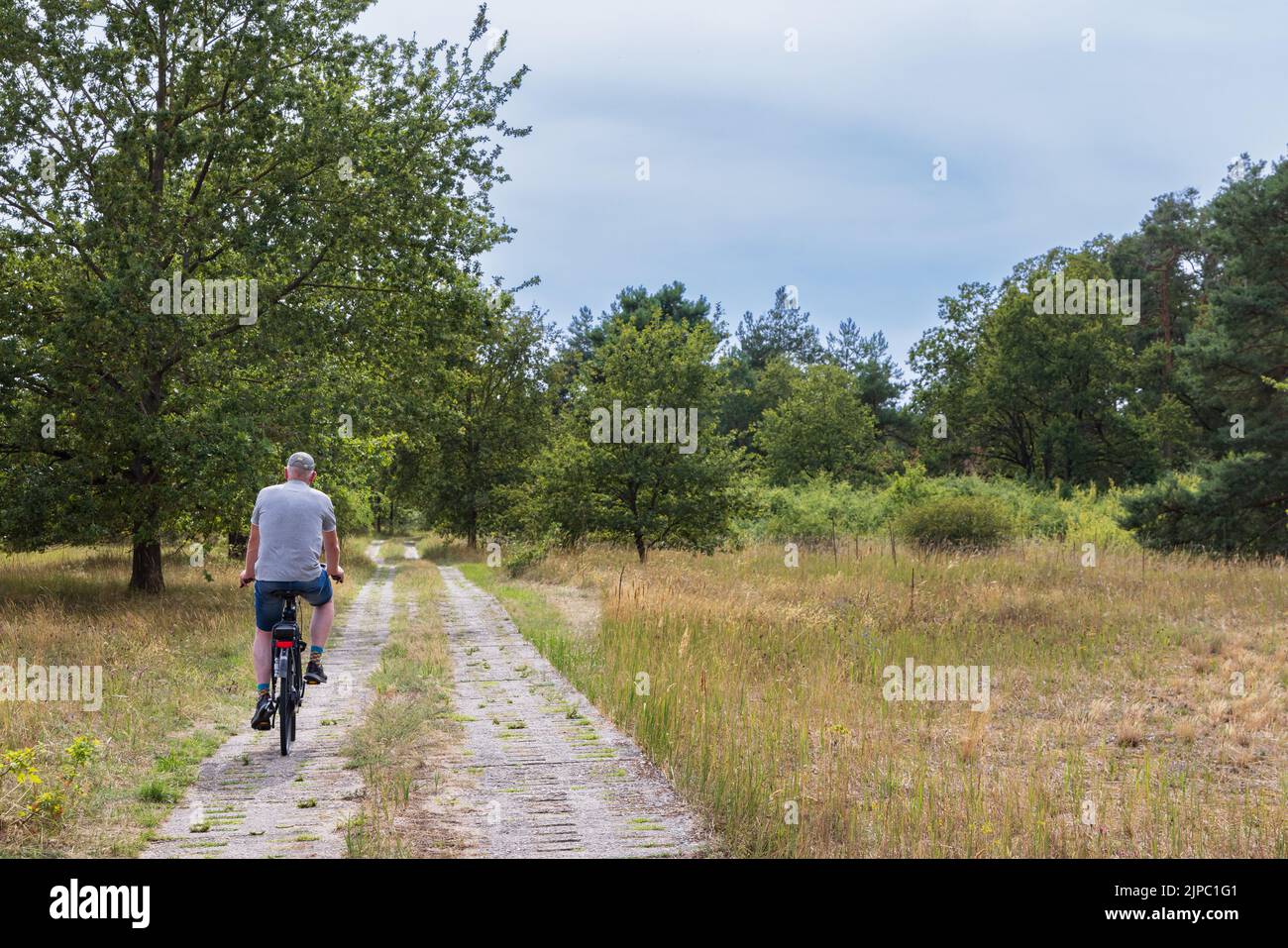Tourist cycling along the green belt near Domitz former inner-German ...