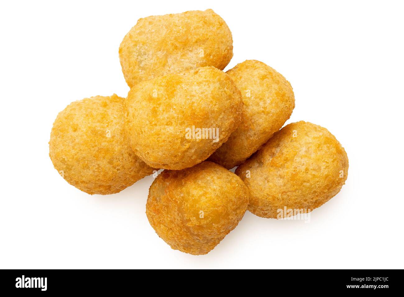 Pile of fried breaded chilli cheese nuggets isolated on white. Top view ...