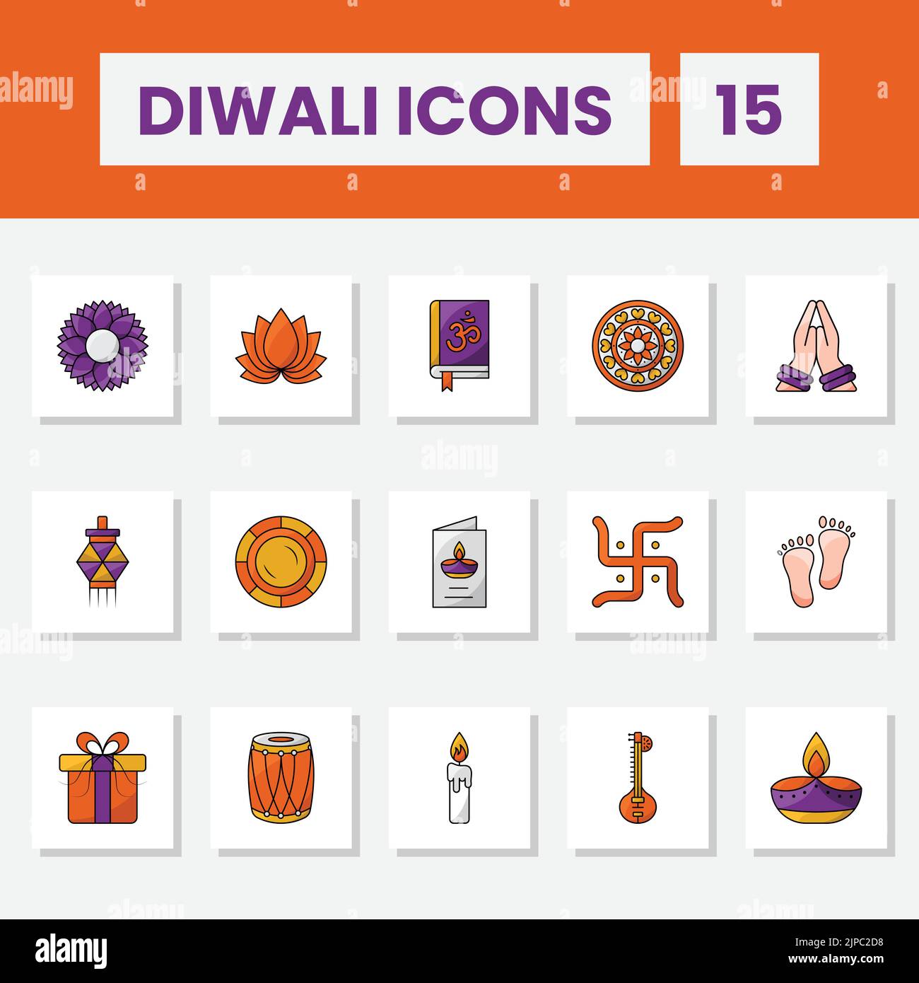 Isolated Colorful Diwali -15 Icons Set In Flat Style Stock Vector Image ...
