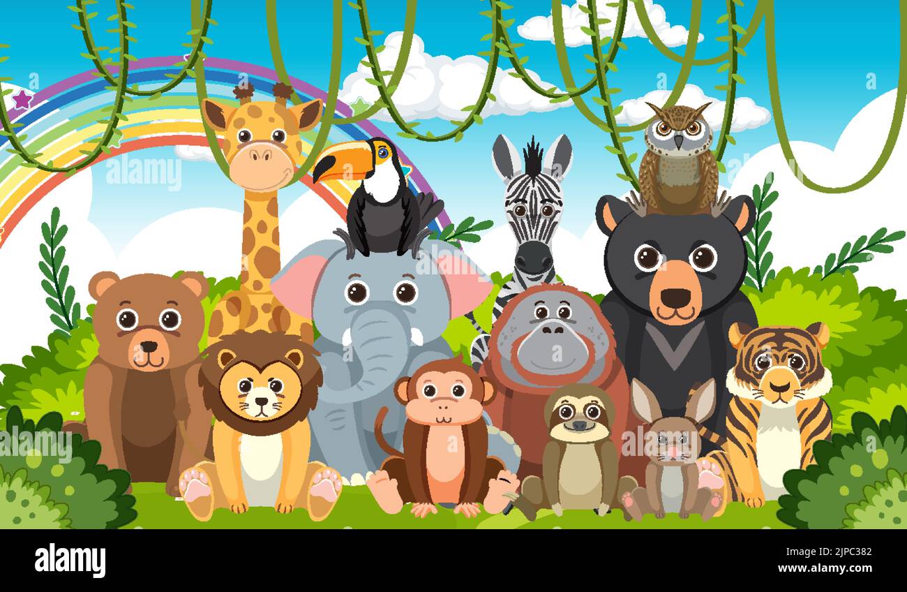 Zoo animals group in flat cartoon style illustration Stock Vector Image ...