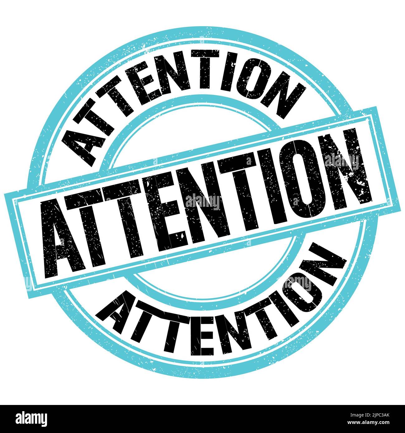 ATTENTION text written on blue-black round stamp sign Stock Photo - Alamy