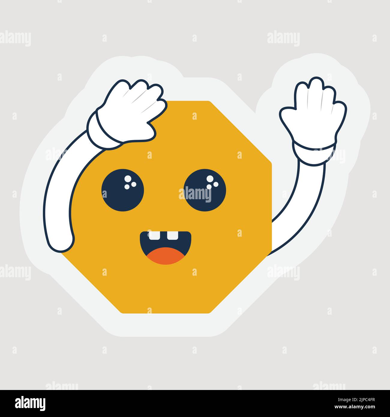 Cheerful Yellow Nonagon Geometric Shape Cartoon With Hand Up In Sticker ...