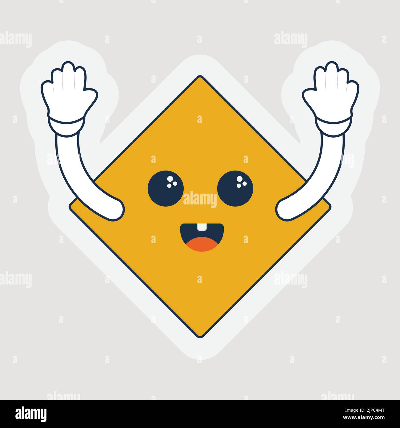 Happy Cute Yellow Rhombus Cartoon With Hands Up In Sticker Style Stock ...