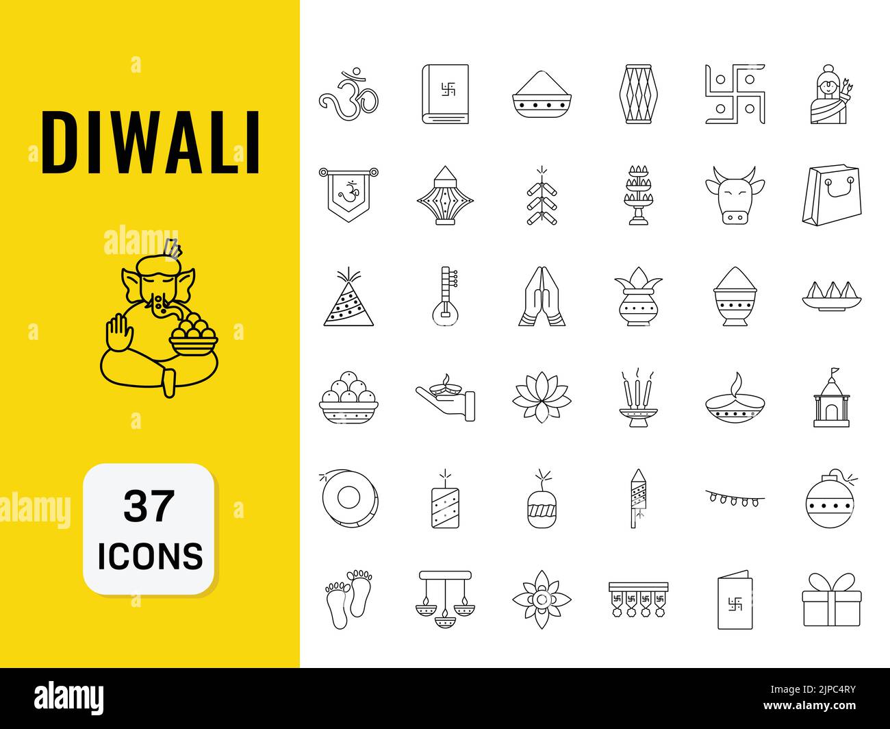 Illustration Of Lineal Diwali Icons -37 Set On Yellow And White ...