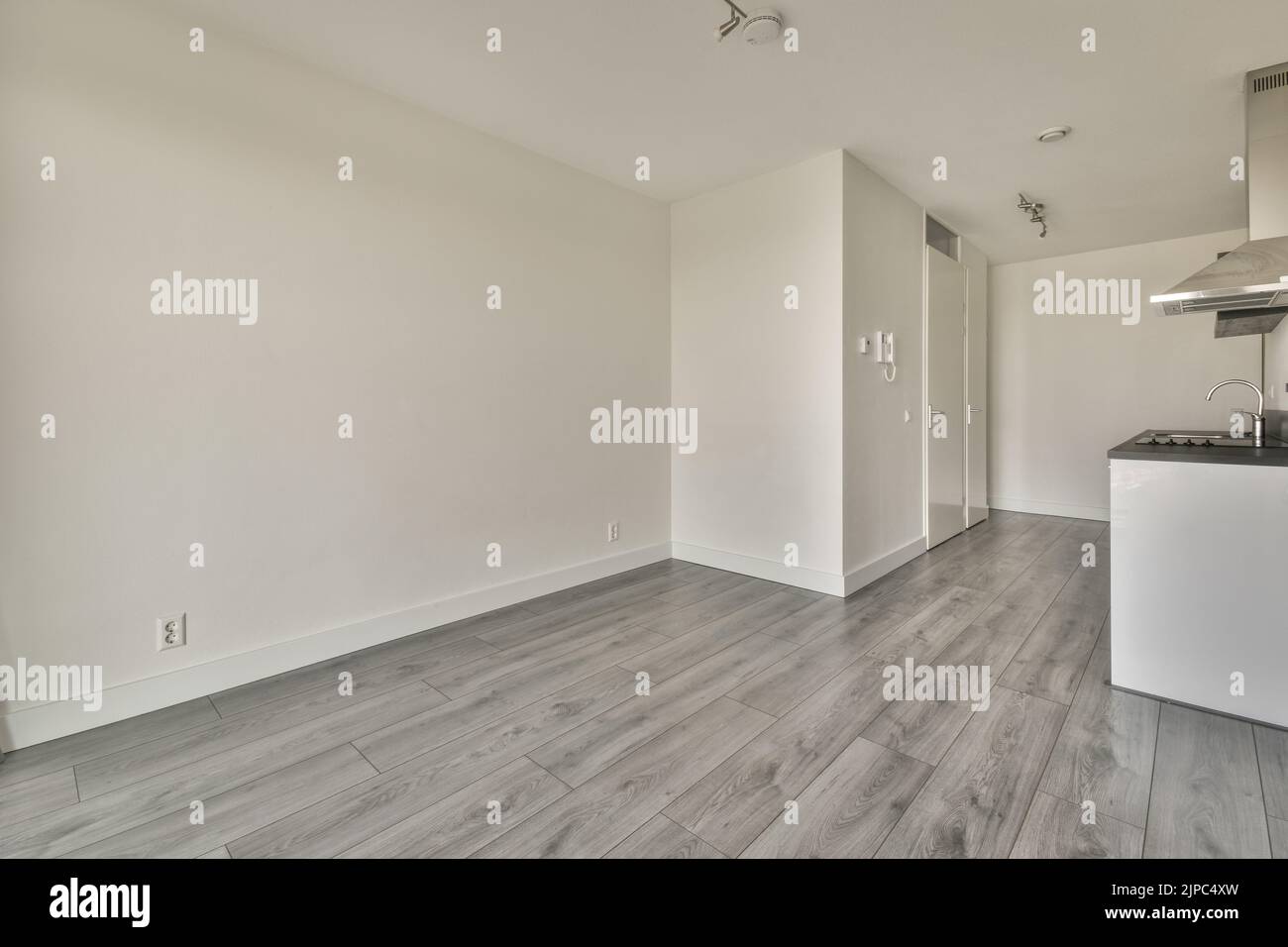 Interior of empty white kitchen with corridor and wooden parquet floor ...