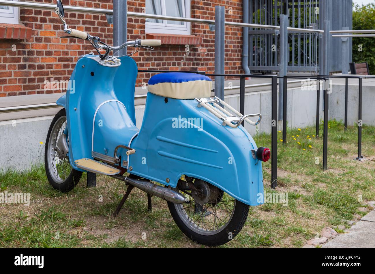 Retro light blue scooter Simson Schwalbe moped Stock Photo - Alamy