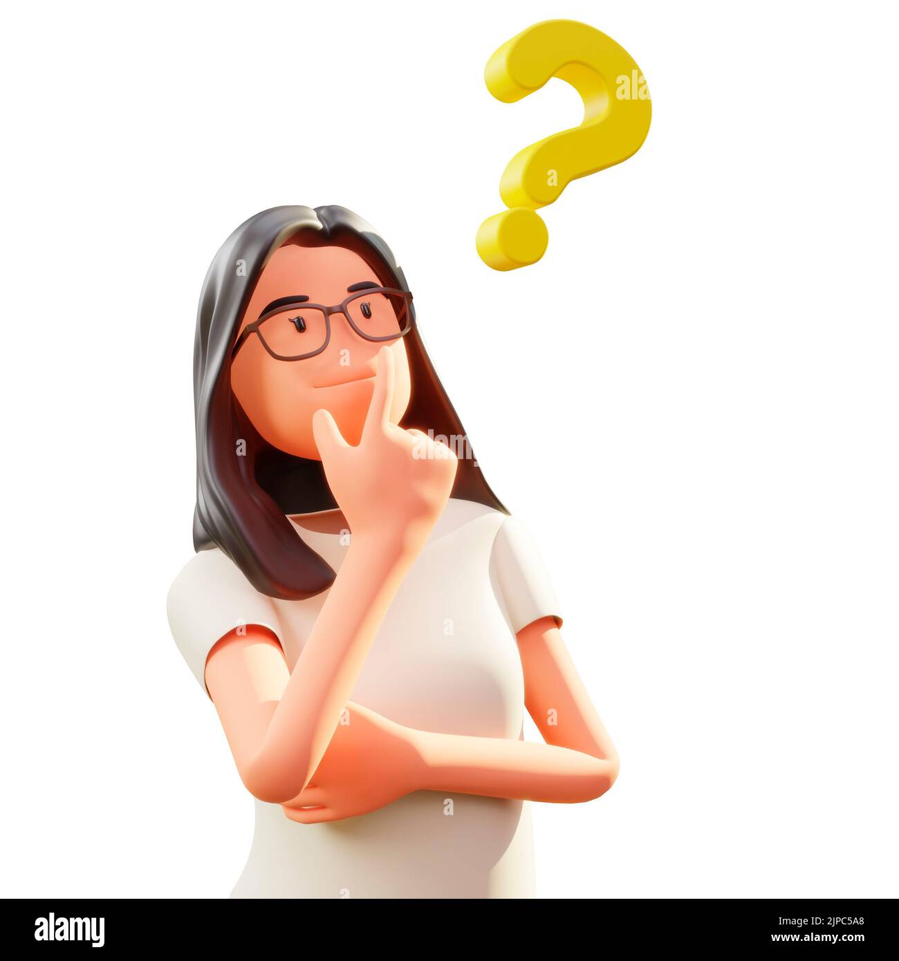 The 3D illustrated female avatar with eyeglasses thinking on the white ...