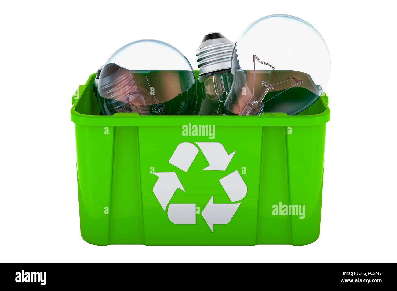 Recycling trashcan with lightbulbs, 3D rendering isolated on white ...