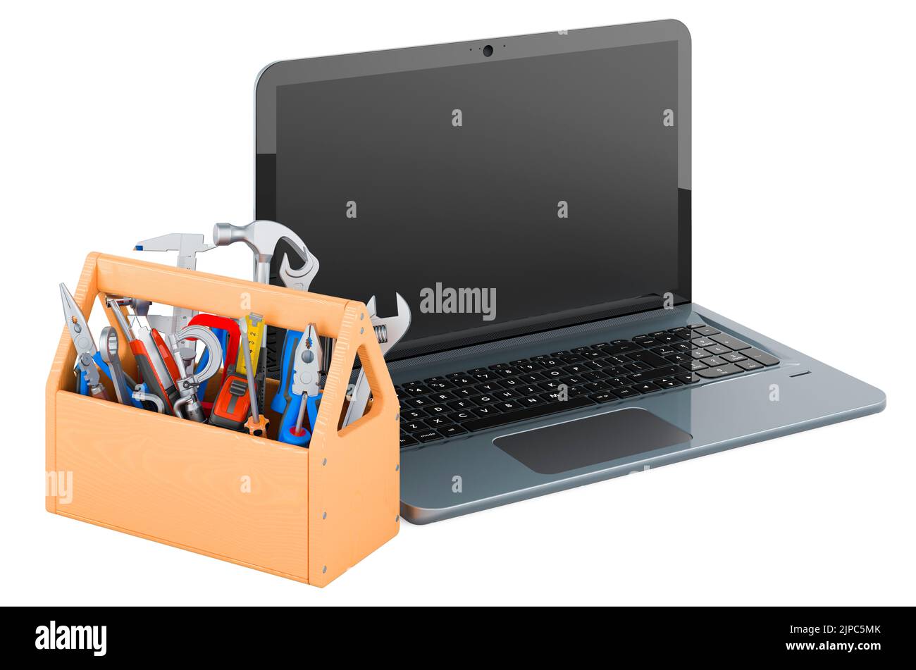 Laptop with tool box. Repair and service of notebook concept. 3D ...