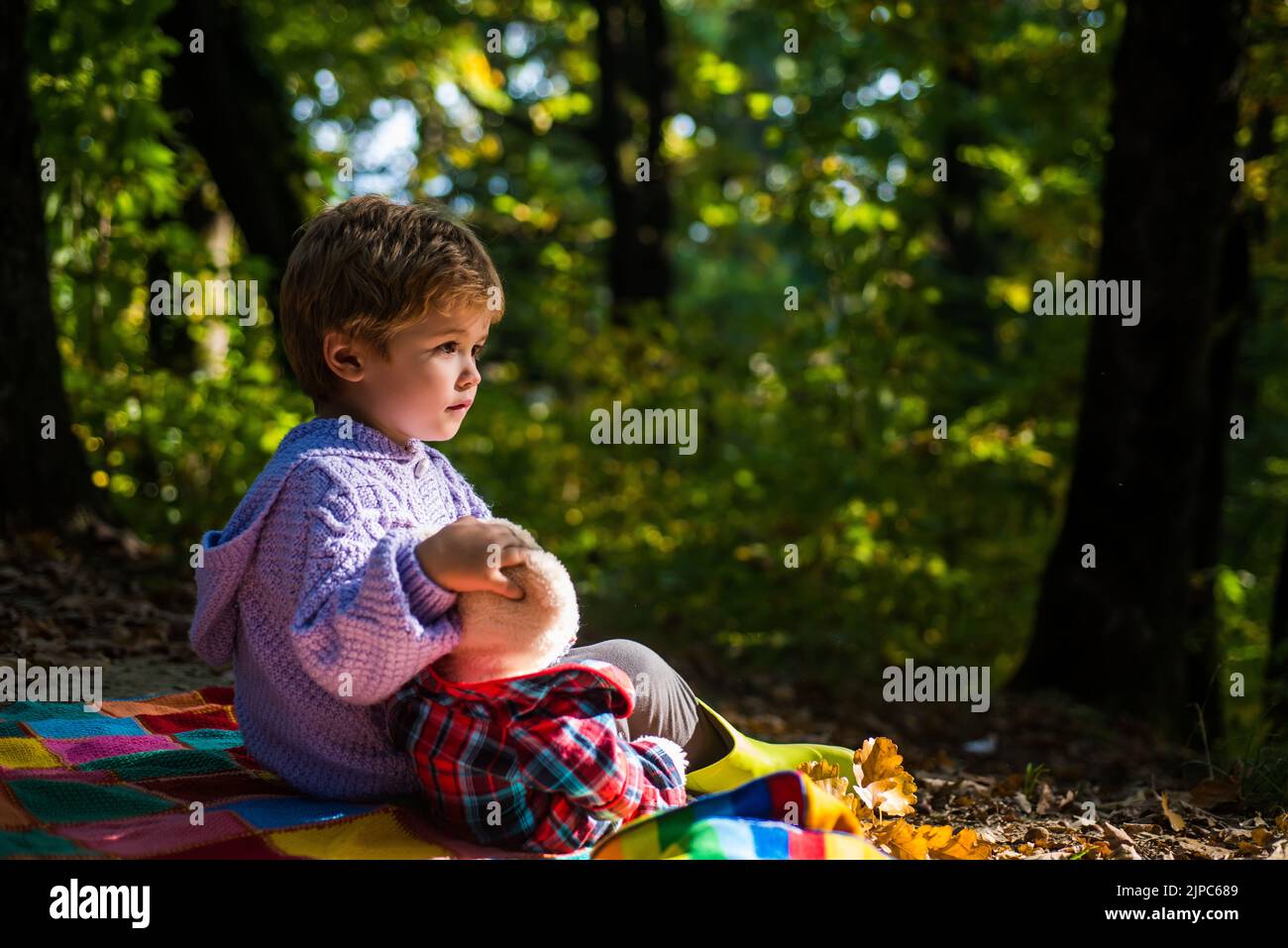Hello Autumn bye Summer. Cute boy with Autumn Leaves on Fall Nature ...