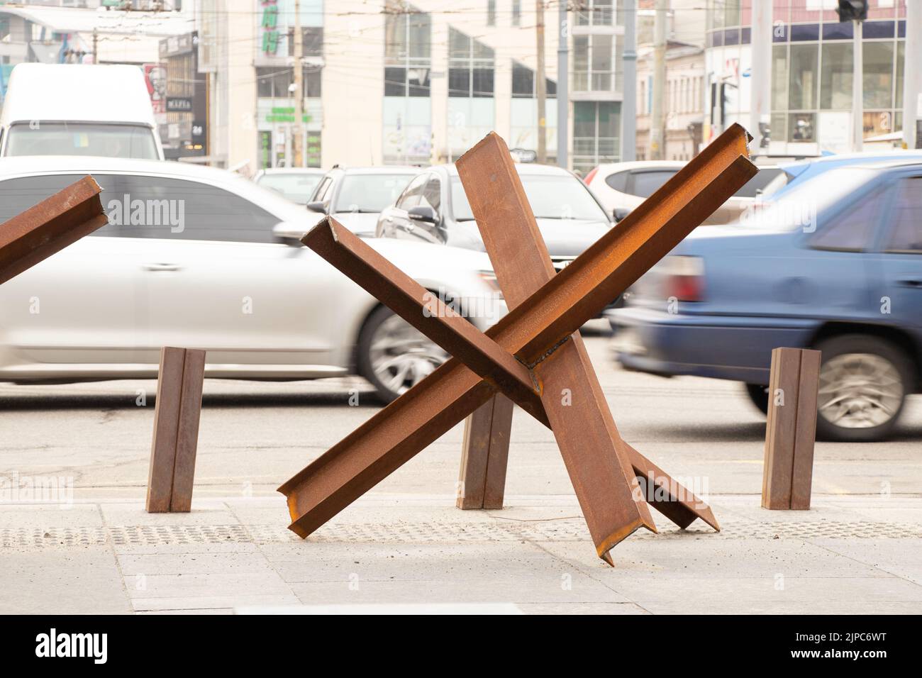 Ukraine Dnepr 20.04.2022 Anti-tank hedgehogs on the street of a city in ...