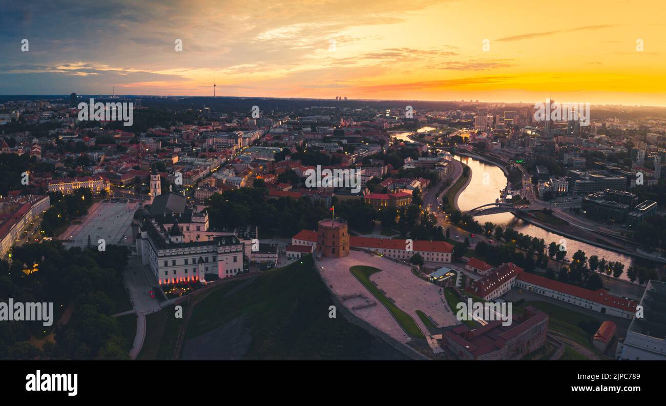 Aerial dramatic view Gediminas old castle tower in Old Town and Vilnius ...