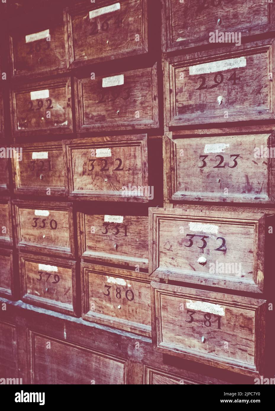 A wall of numbered estate storage drawers at Hardwick Hall Stock Photo ...