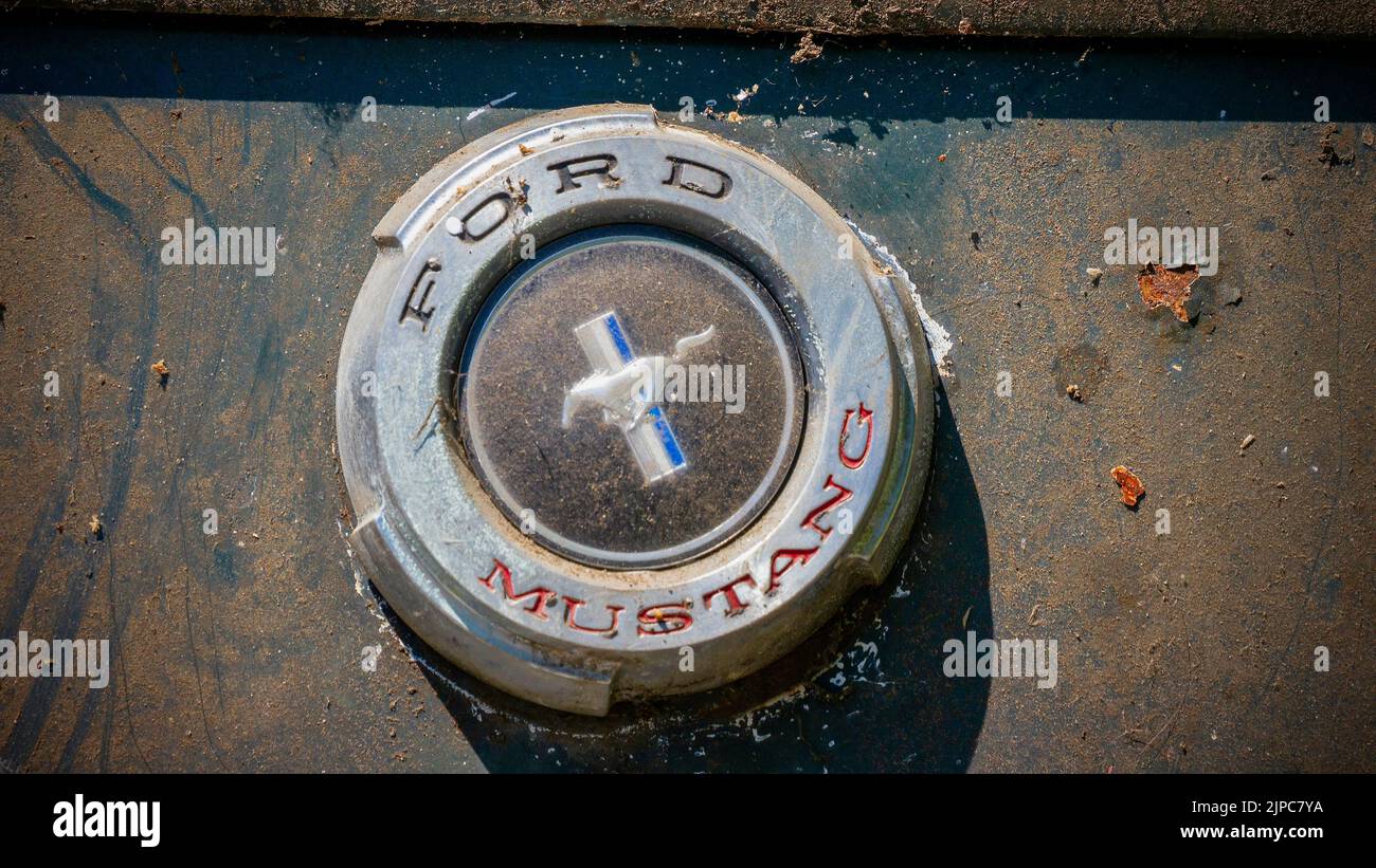 An old rusty 1965 Ford Mustang logo in Irwin, Pennsylvania, United ...