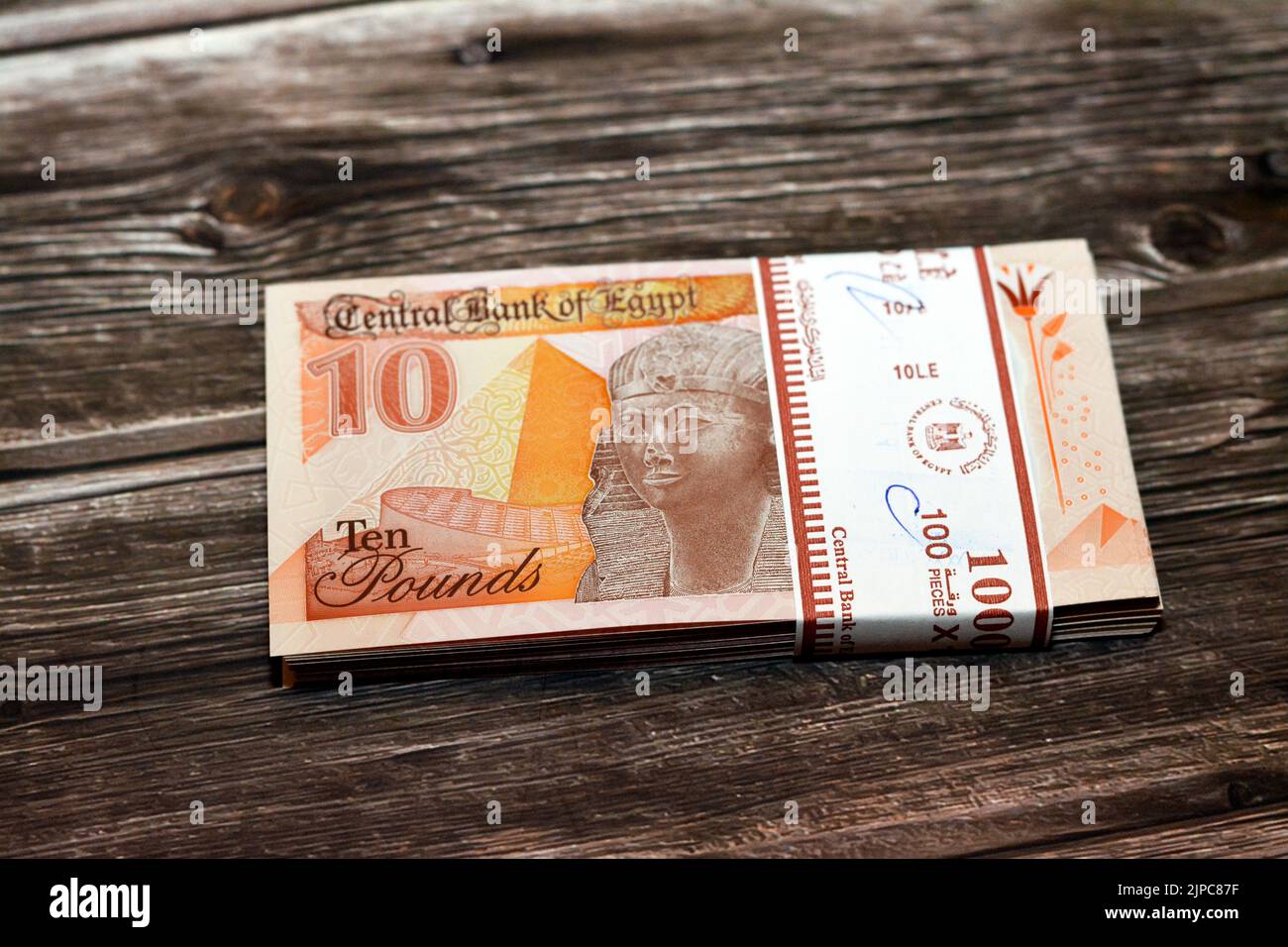 Stack of new first Egyptian 10 LE EGP ten pounds plastic polymer ...