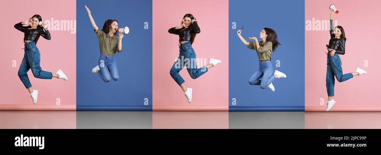 Collage. Portraits of young beautiful girls jumping, shouting in megaphone isolated over pink ...