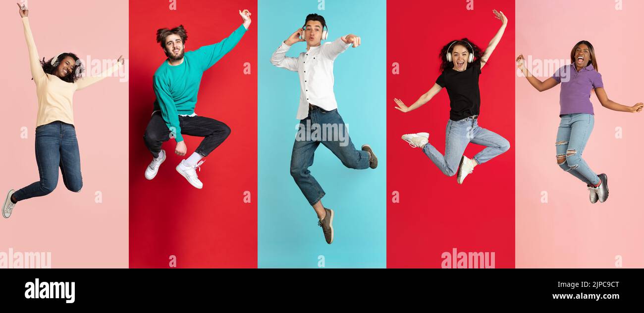 Collage. Group of young people, man and woman, cheerfully jumping ...