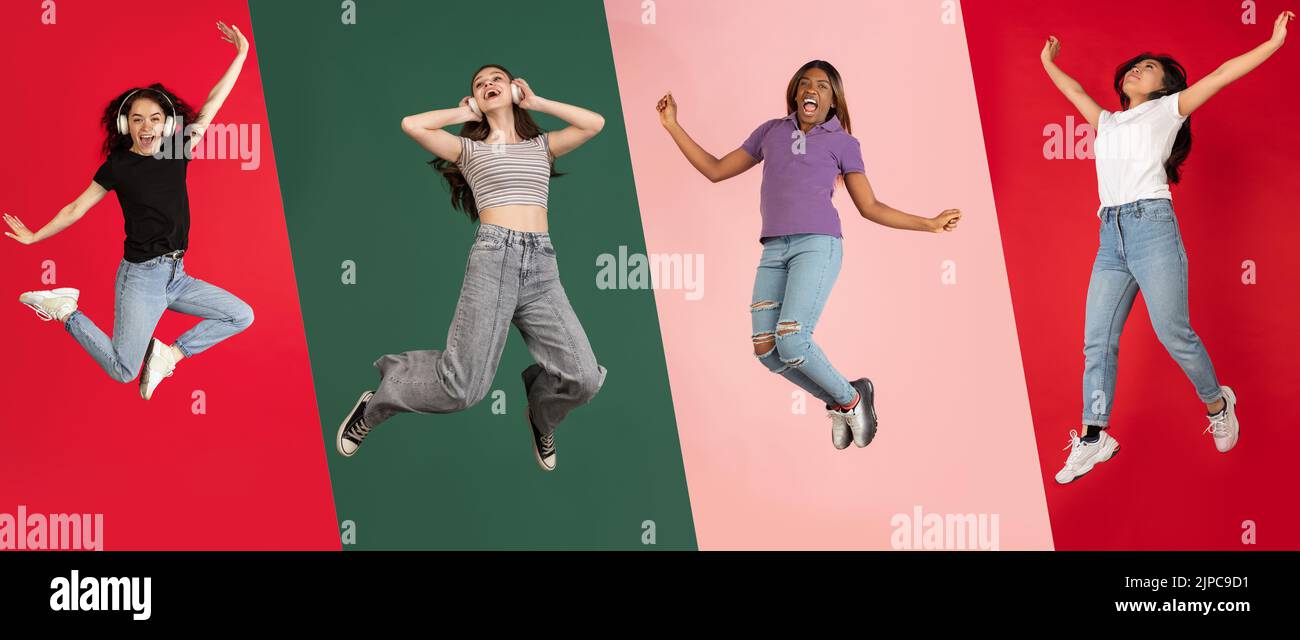 Collage. Group of young people, girls, students jumping in joy isolated ...
