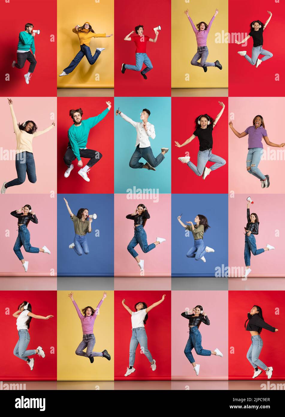 Collage. Group of young people, man and woman, cheerfully jumping ...