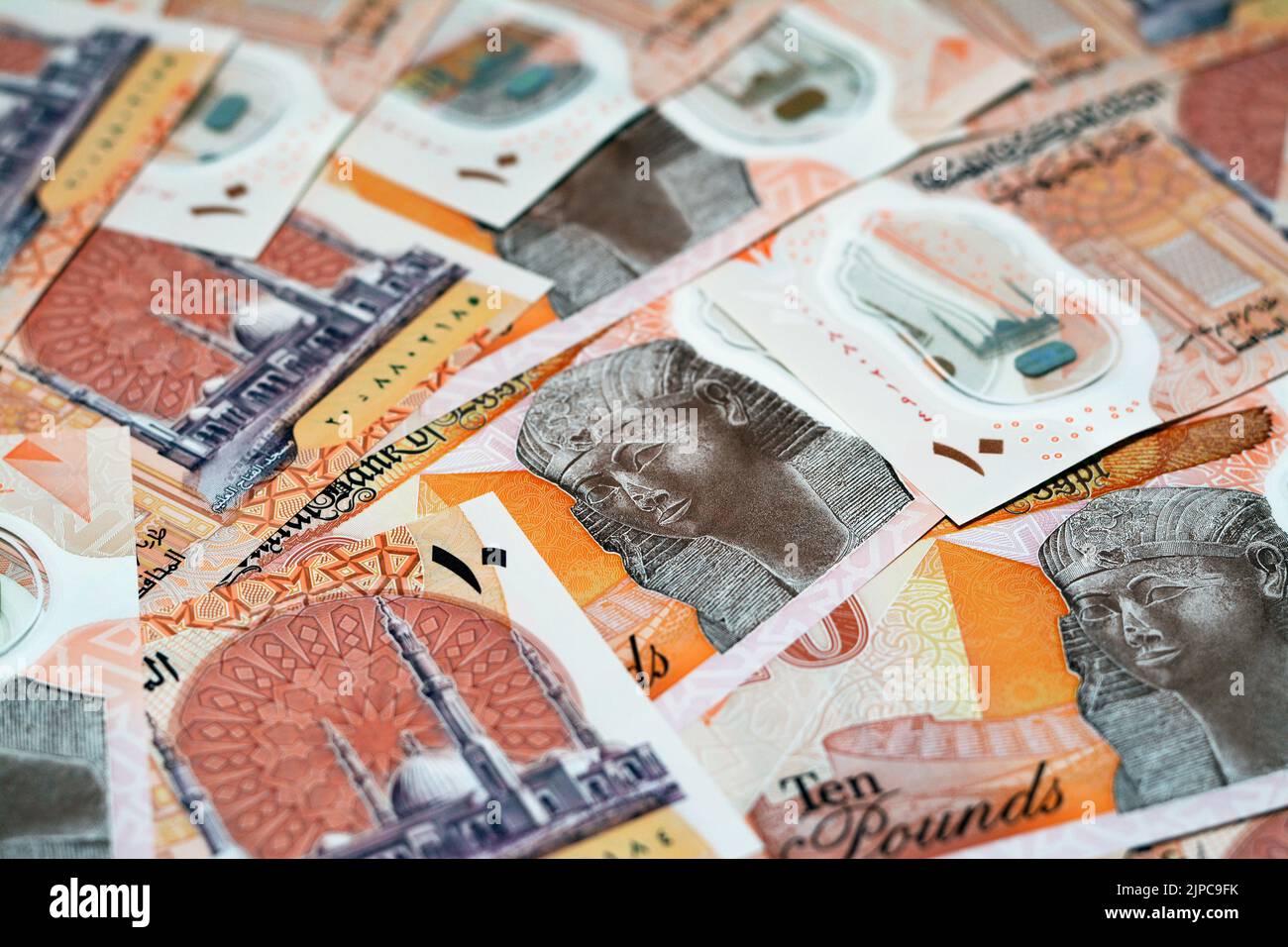 Pile of the new first Egyptian 10 LE EGP ten pounds plastic polymer ...