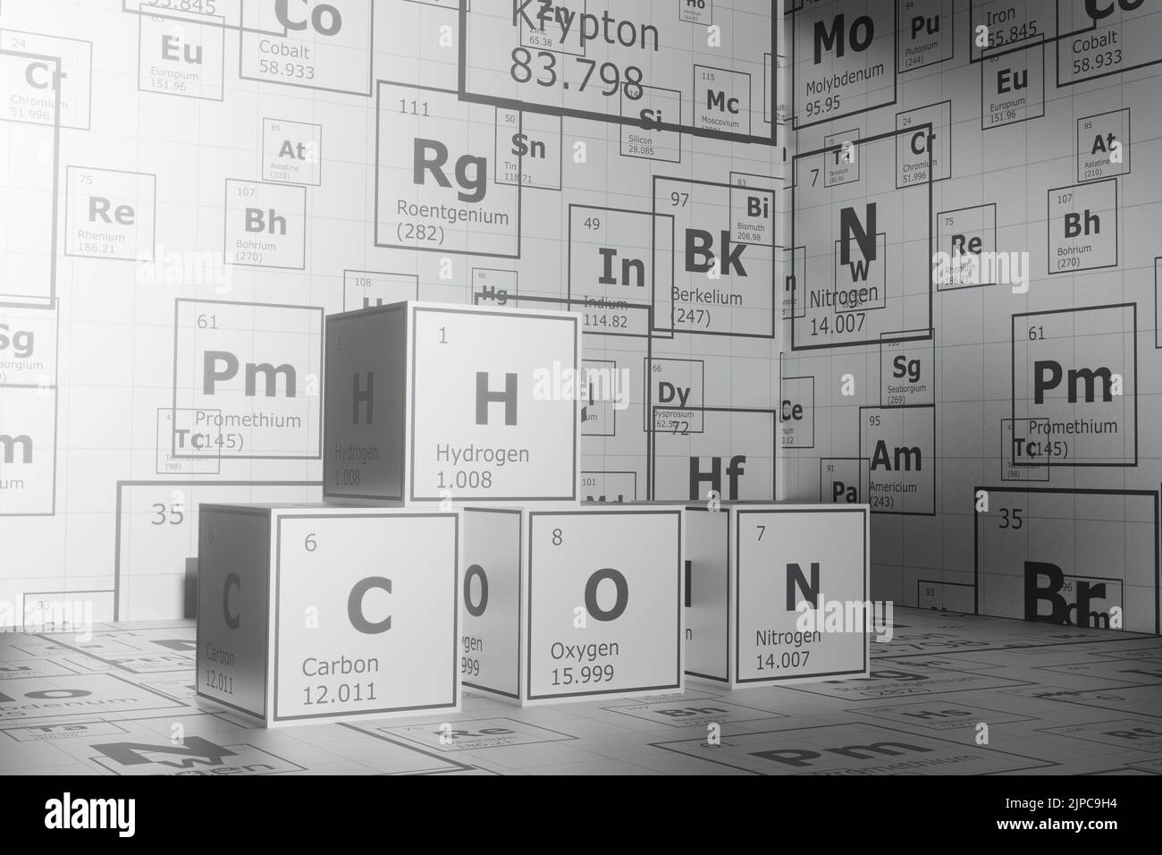 3d background of the elements of the periodic table, carbon, hydrogen ...