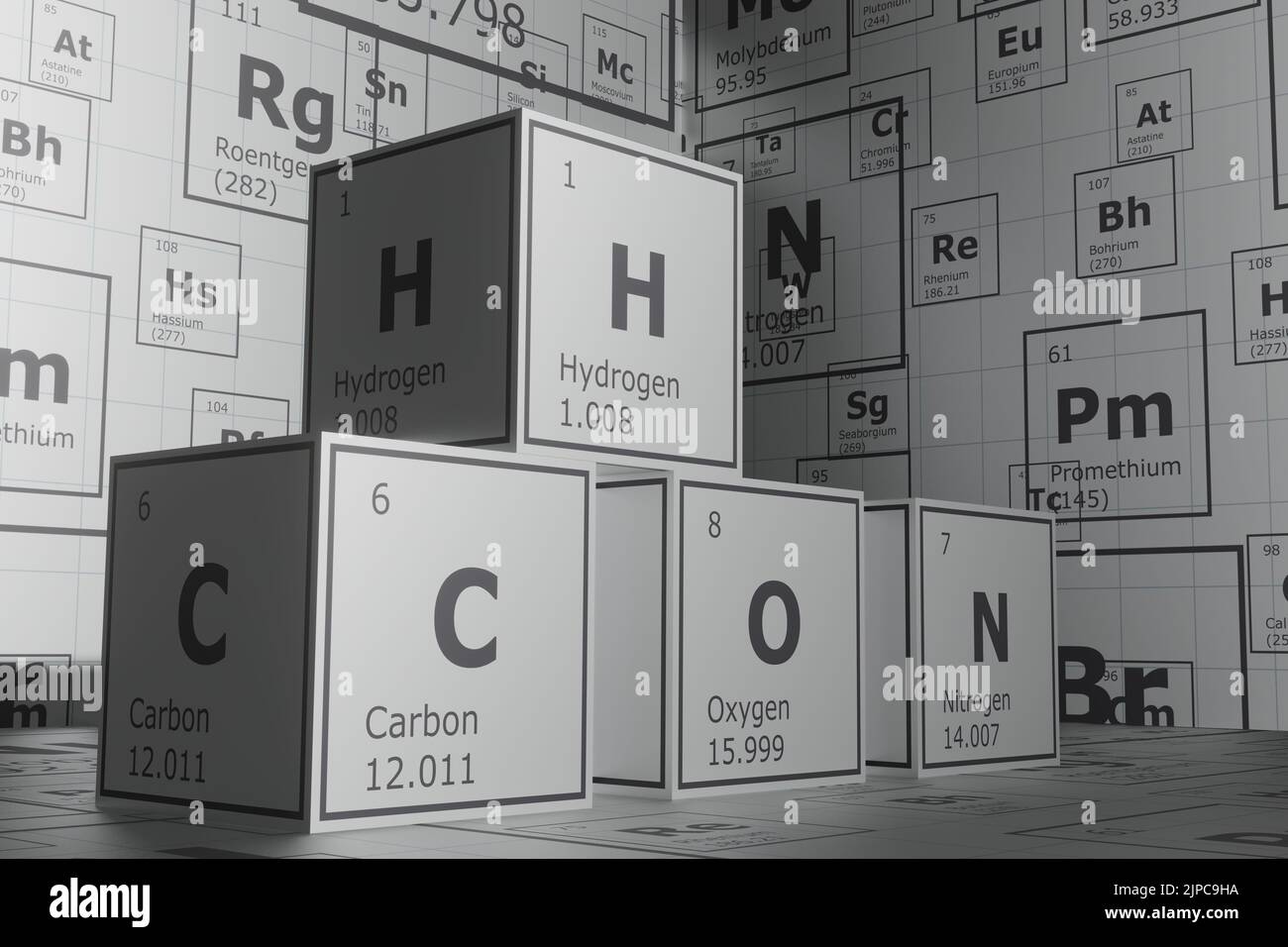3d background of the elements of the periodic table, carbon, hydrogen ...