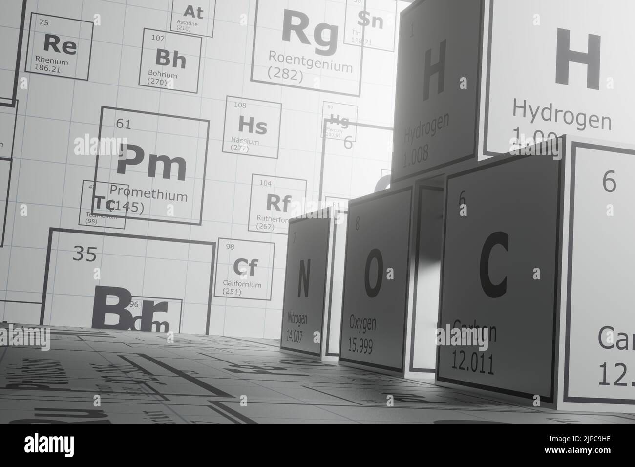 3d background of the elements of the periodic table, carbon, hydrogen ...