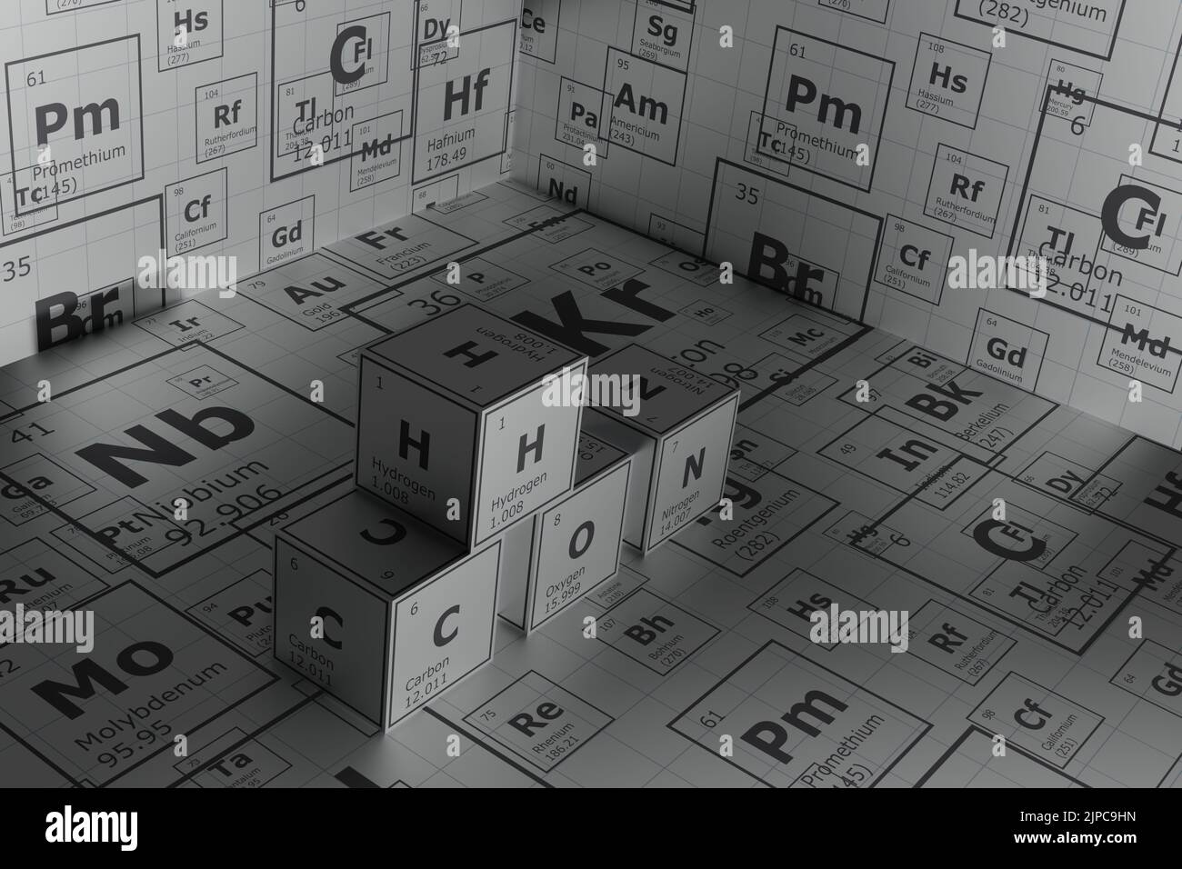 3d background of the elements of the periodic table, carbon, hydrogen ...