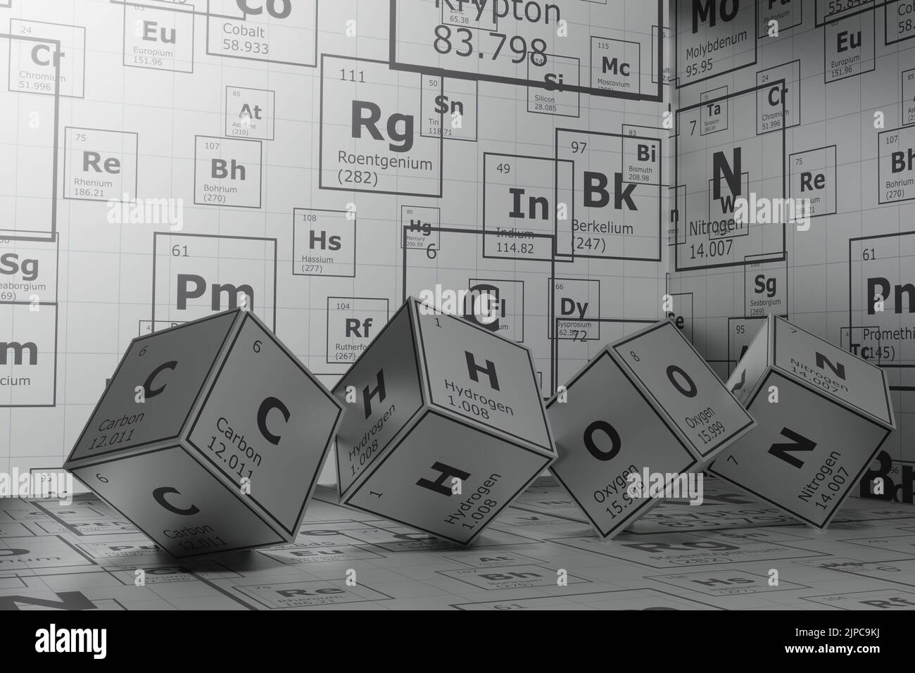 Background of 3d cubes of the elements of the periodic table, carbon ...