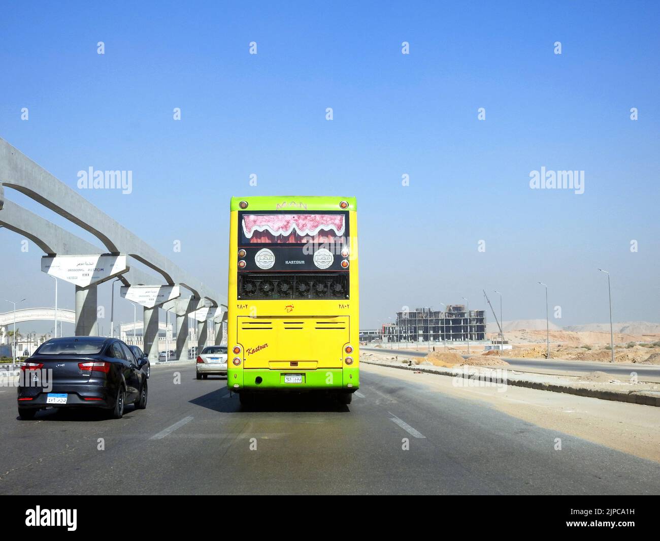 Cairo, Egypt, July 19 2022: A public transport Egyptian double decker bus on a highway ...