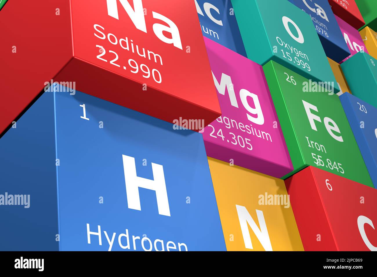 3D rendering of cubes of the elements of the periodic table, sodium ...