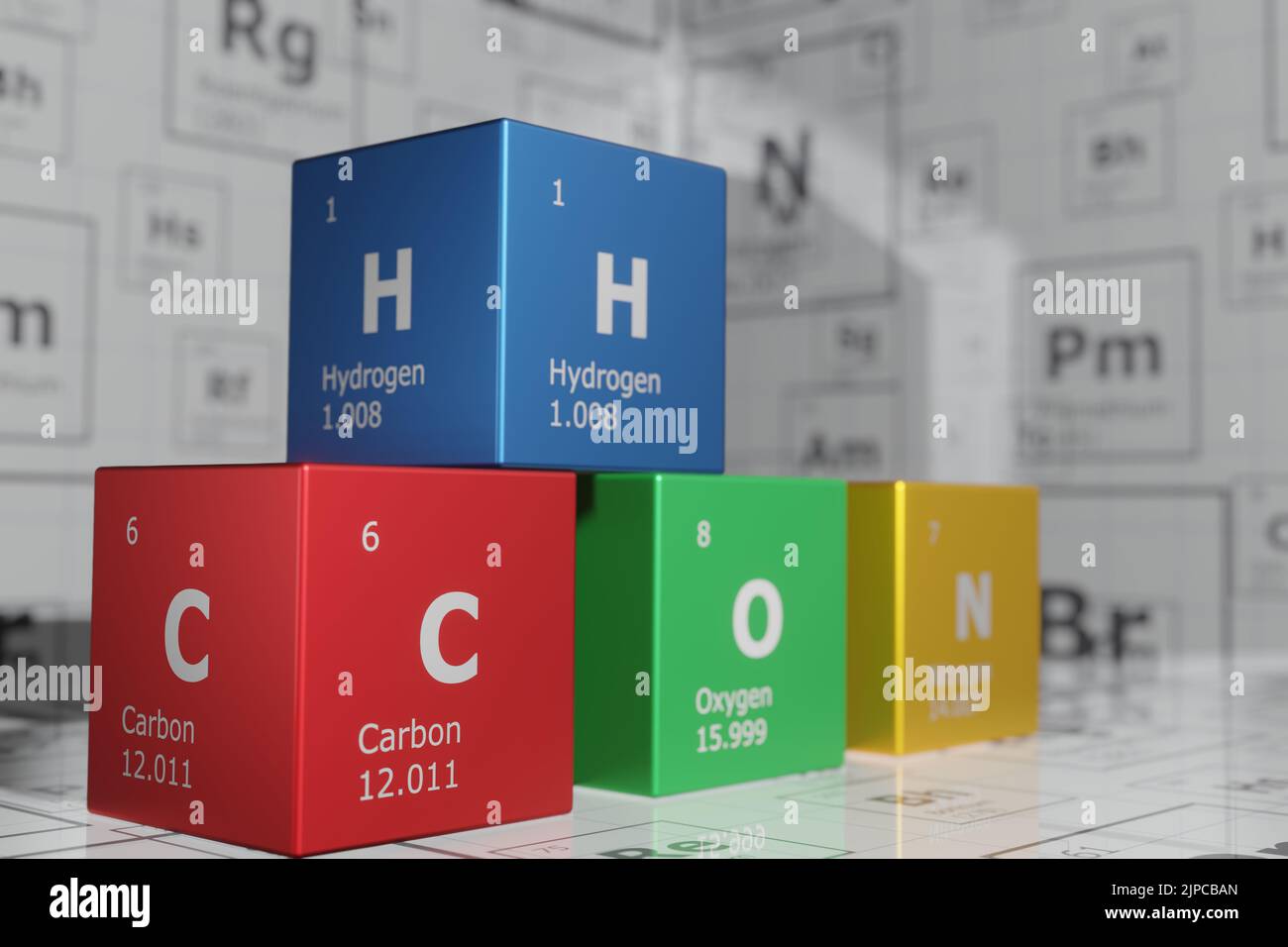 3D rendering of cubes of the elements of the periodic table, carbon ...