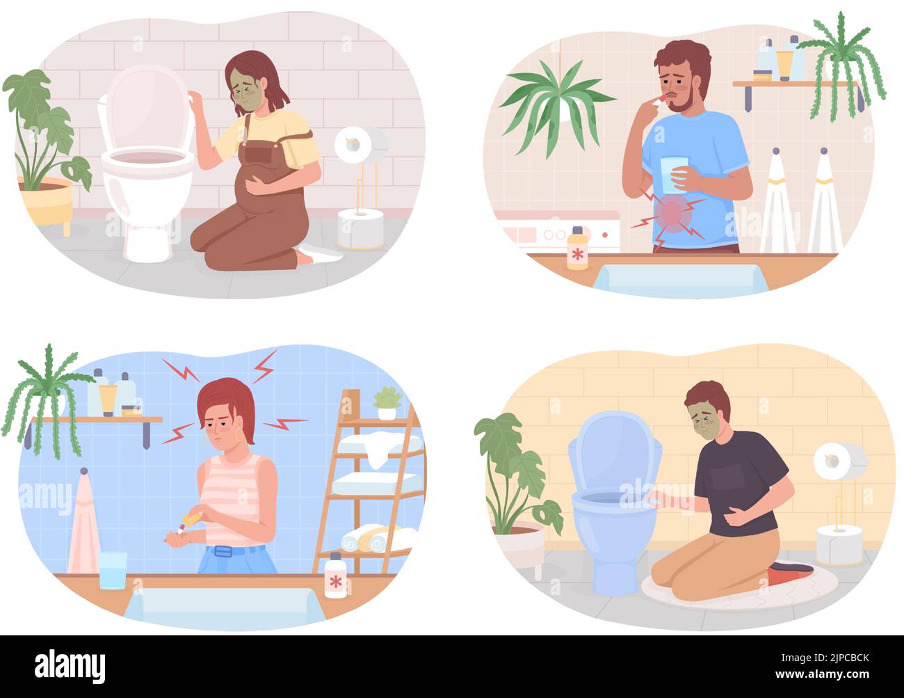 People suffering from pain and nausea 2D vector isolated illustrations set Stock Vector Image ...