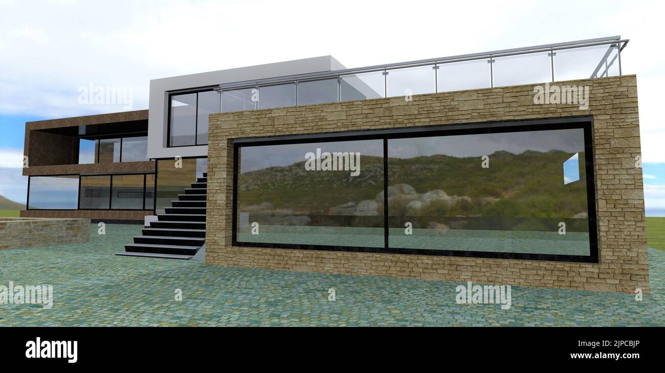 Building with large mirrored windows. Wall decoration is old slate ...