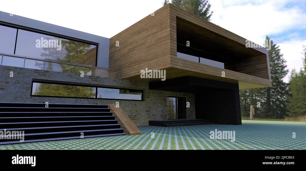 The concept design of the cladding of a country villa. The front board ...