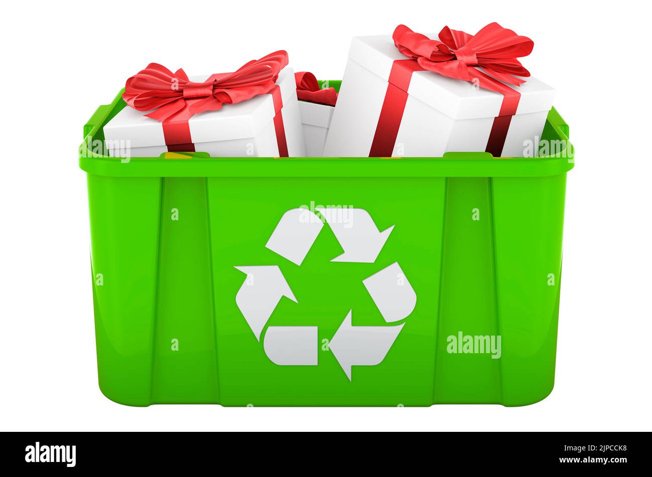 Recycling trashcan with gift boxes, 3D rendering isolated on white ...