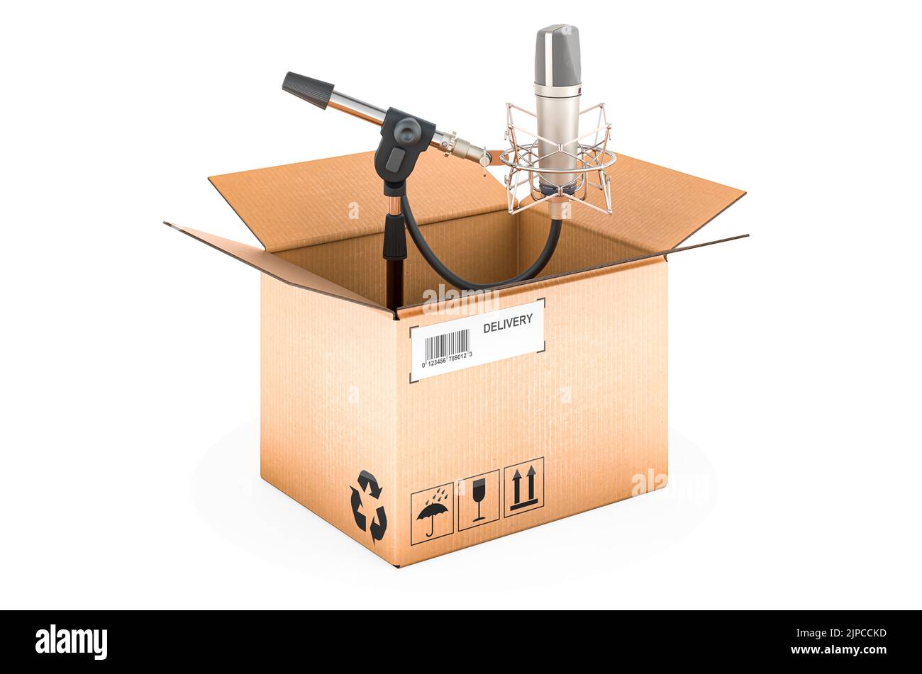 Studio microphone inside cardboard box, delivery concept. 3D rendering ...