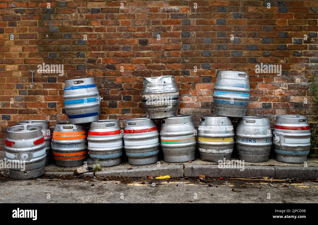 Billingshurst, West Sussex, UK, 17 Aug, 2022. Empty beer barrels are ...