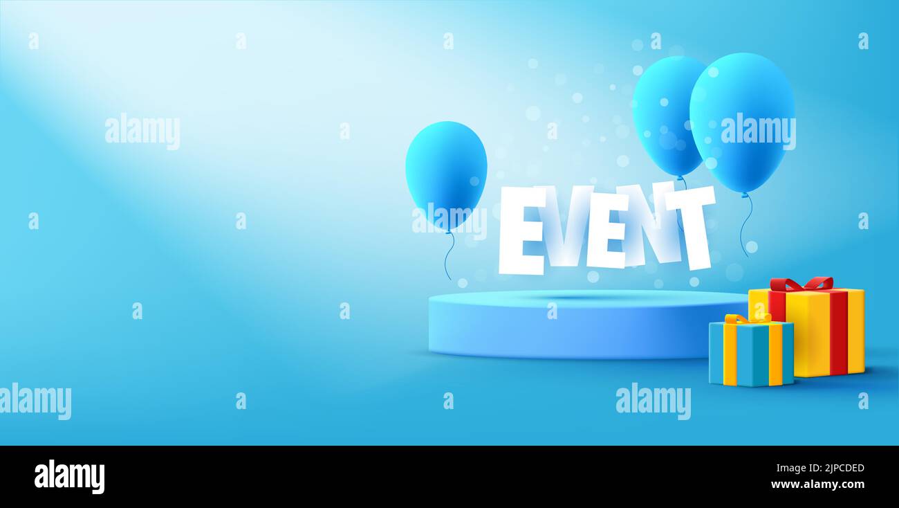 Blue 3d pedestal with volume events letters and blue balloons and gift ...