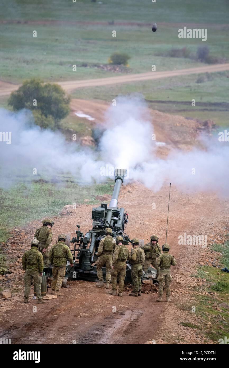 Puckapunyal, Australia, 17 August, 2022. Gunners fire a 155 Artillery ...