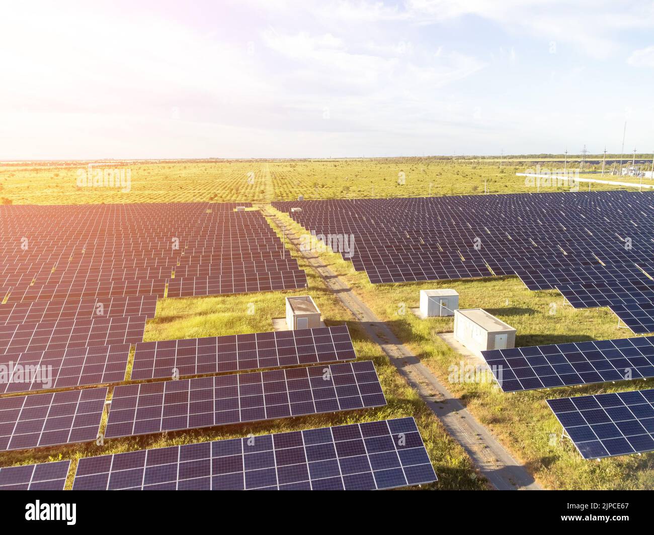 Aerial top view of a solar panels power plant. Photovoltaic solar ...