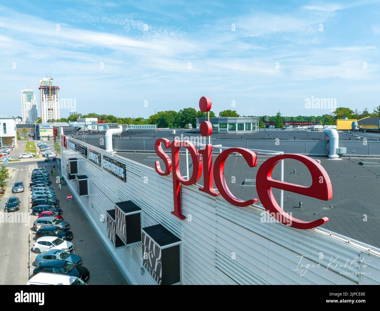 Aerial view of the shopping center SPICE in Riga, Latvia. Largest ...