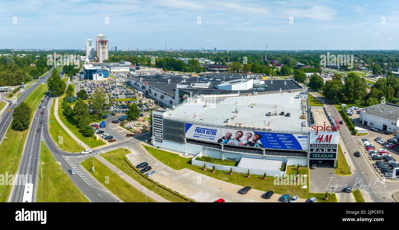 Aerial view of the shopping center SPICE in Riga, Latvia. Largest ...