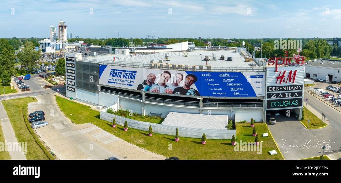 Aerial view of the shopping center SPICE in Riga, Latvia. Largest ...