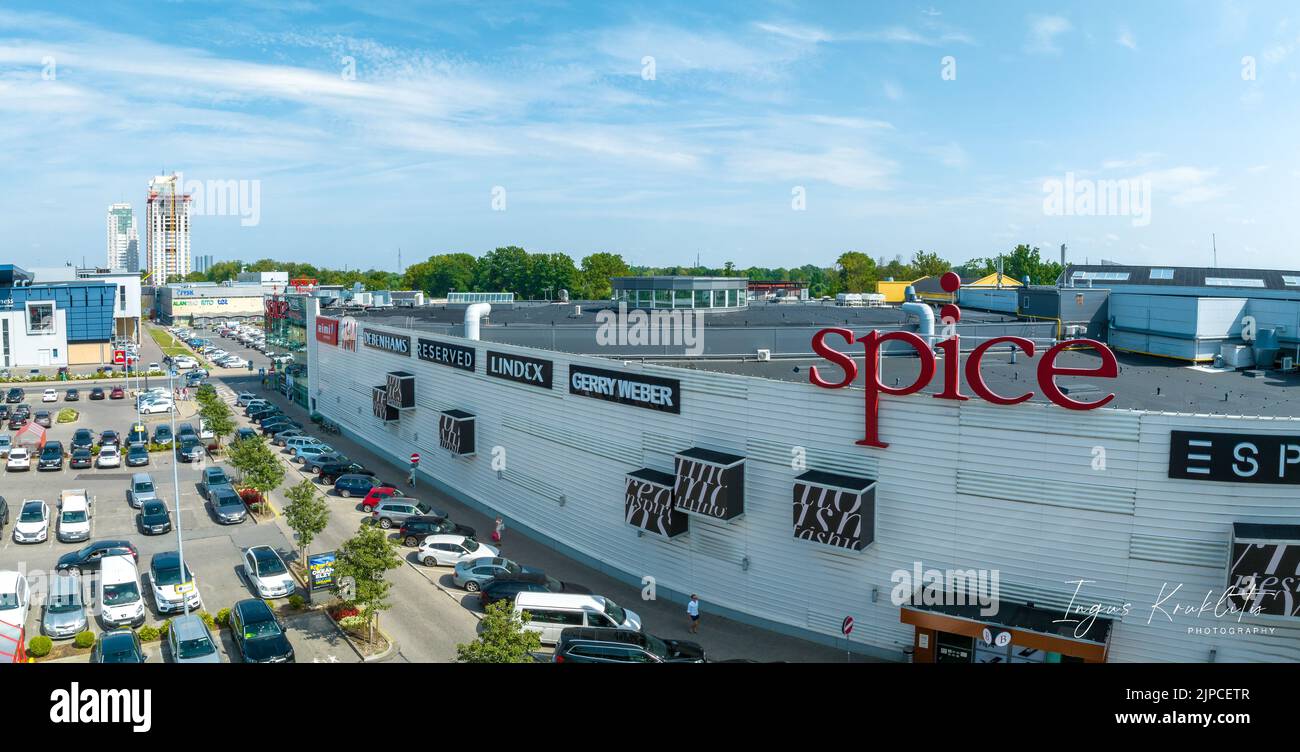 Aerial view of the shopping center SPICE in Riga, Latvia. Largest ...