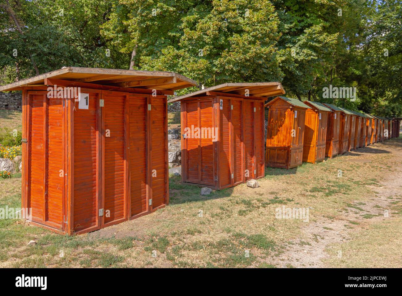 Closed Wooden Stall Kiosks in City Park Temporary Event Stock Photo - Alamy