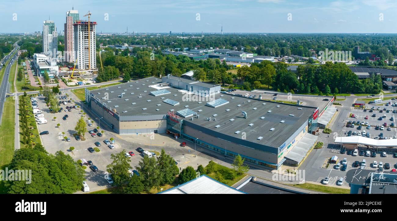 Aerial view of the shopping center SPICE in Riga, Latvia. Largest ...