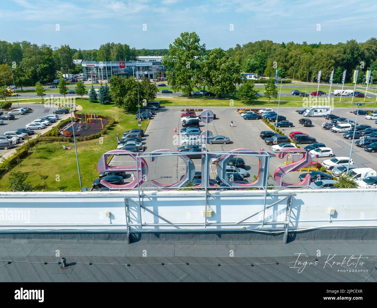 Aerial view of the shopping center SPICE in Riga, Latvia. Largest ...